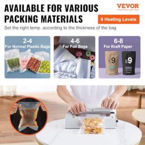 VEVOR Impulse Sealer 8 inch, Manual Heat Sealing Machine with Adjustable Heating Mode, Aluminum Shrink Wrap Bag Sealers for Plastic Mylar PE PP Bags, Portable Poly Bag Sealer with Extra Replace Kit