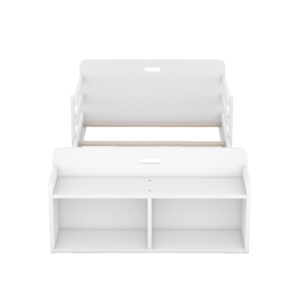 Twin Size Floor Bed with Rails and Storage Bench, Wood Kids Platform Bed Frame with Headboard and Footboard, No Box Spring Needed, White