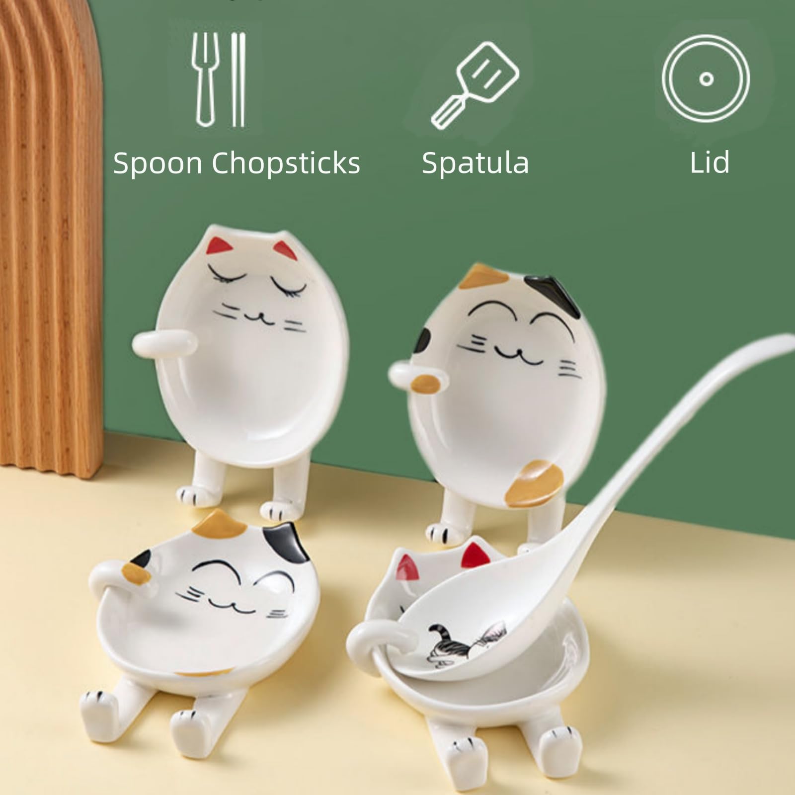 Pumtus 4 Pack Spoon Rest with Lid Holder, 5.5 Inch Cute Cat Ceramic Utensil Rest for Stove Top, Heat Resistant Stable Spatula Rest, Kitchen Accessories for Ladle Pot Lid Chopsticks, Dishwasher Safe