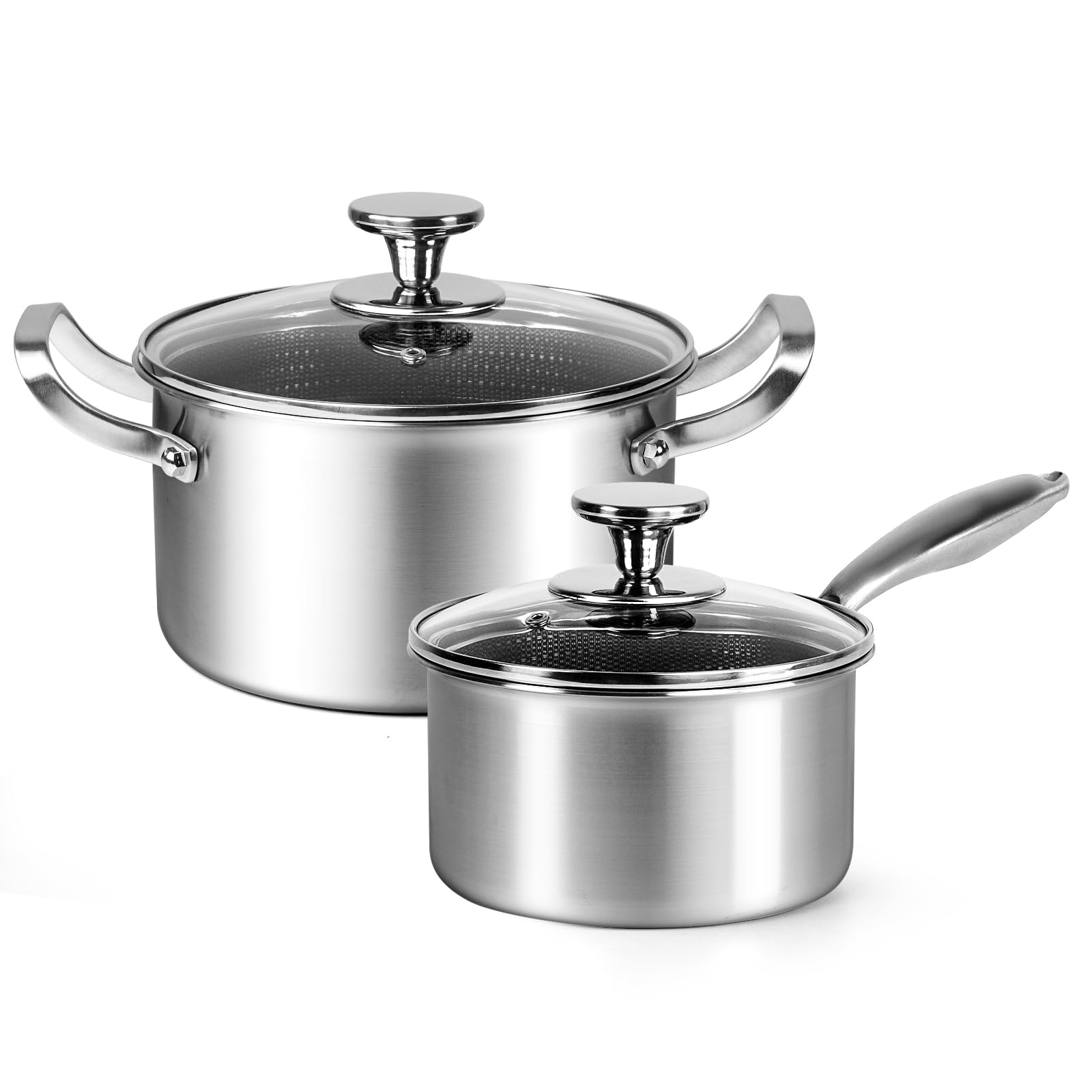 Stainless Steel Pots and Pans 4Pcs Nonstick Pot Set 1.5QT Saucepans&2.6QT Stockpots with Glass Lids, Dishwasher and Oven Safe, Works on Induction and Gas Cooktops