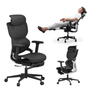 motostuhl q3-mt ergonomic office chair with footrest home office ergonomic chair with soft rubber lumbar support extra large 2d headrest & 3d armrest 140° tilting mesh computer chair