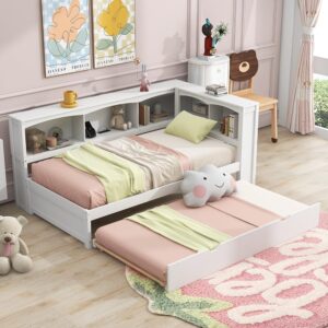 quarte twin size daybed with trundle, l-shaped storage cabinets and usb ports, wooden platform bed for kids boys girls teens adults (white+usb ports)