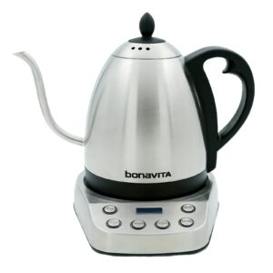 bonavita gooseneck electric kettle, stainless steel water boiler, digital variable temp, precise pour control, 6 preset temps for pour-over coffee & tea, café, home, 1 liter, stainless steel base