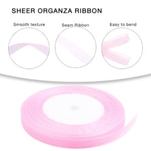 Hiswan 3/8 inch Sheer Organza Ribbon 50 Yards Pink Chiffon Ribbon for Gift Wrapping Christmas Halloween Decoration Crafts Wedding Bouquet Ribbon