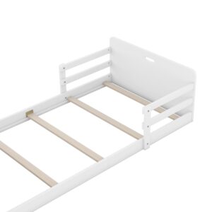 Twin Size Floor Bed with Rails and Storage Bench, Wood Kids Platform Bed Frame with Headboard and Footboard, No Box Spring Needed, White