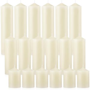 mtlee 18 pcs set of 3 pillar candles ivory pillar candle bulk 2 in x 3, 6, 8 long burning candles clean unscented smokeless pillar candles for wedding emergency lanterns vigil ceremony party(white)