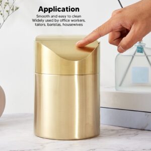 BORDSTRACT Mini Trash Can with Lid, Stainless Steel Swing Lid Trash Can, Fingerprint Proof Compact Can, Small Trash Can, Desk Trash Can, Mini Countertop Trash Can for Office, Gold