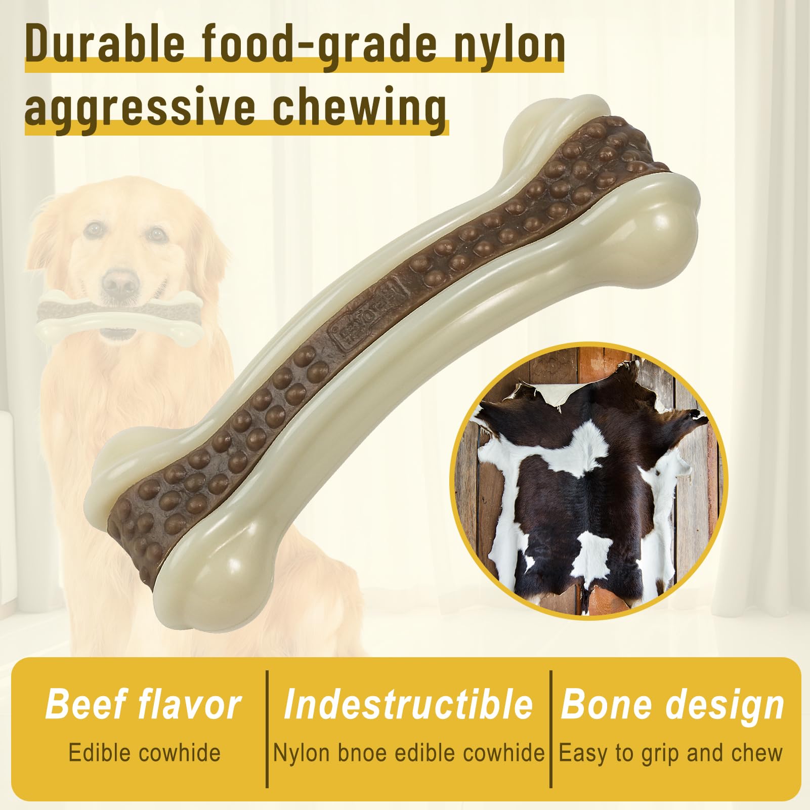 CyperGlory Dog Bones Chew Toys for Aggressive Chewers, Long Lasting and Indestructible Puppy Teething Toy, Beef Flavor Durable Nylon Toys for Small Medium Large Breeds (S+L 2 Pcs)