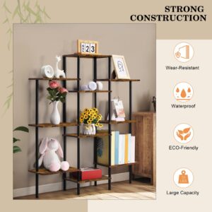 Shinoske 4-Tier Bookshelf,Small Triple Wide Bookcase for Books,CDs,Movies,Display Shelf with 10 Open Shelves for Living Room,Home Office,Balcony,Rustic Brown