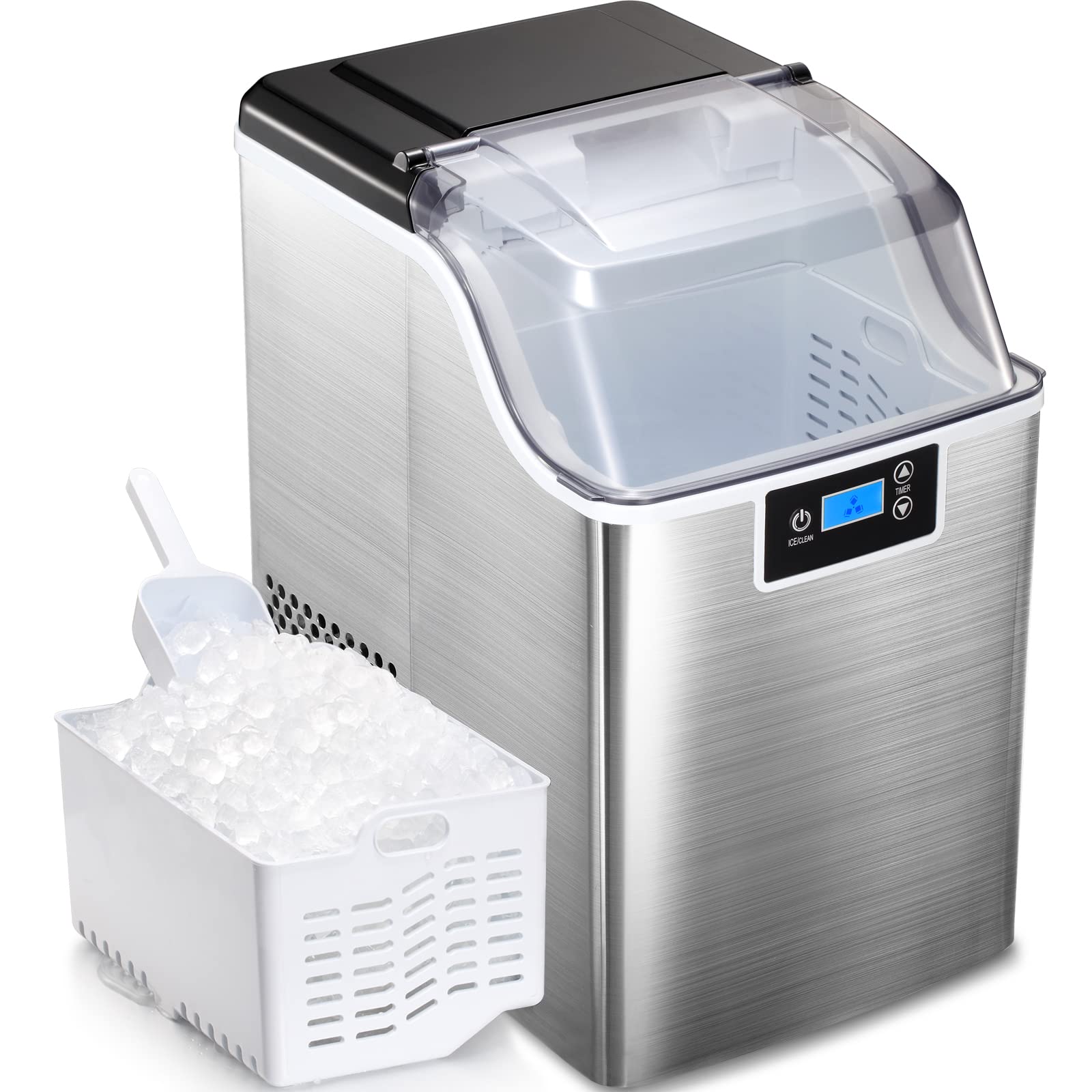 Nugget Countertop Ice Maker with Soft Chewable Pellet Ice,Pebble Portable Ice Machine with Ice Scoop, 44Lbs/24H, Self-Cleaning, Sonic Ice, One-Click Operation, Kitchen,Office Stainless Steel Silver