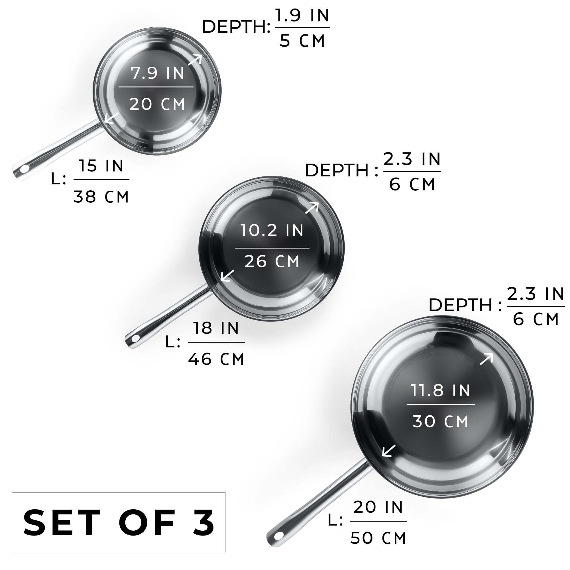 GIPFEL INTERNATIONAL 3 Piece Stainless Steel Frying Pan Set 8, 10, 12 Inch - Tri Ply Stainless Steel Skillet Healthy Cookware - Fry Pans for Induction Gas Electric Ceramic Stove & Oven Safe