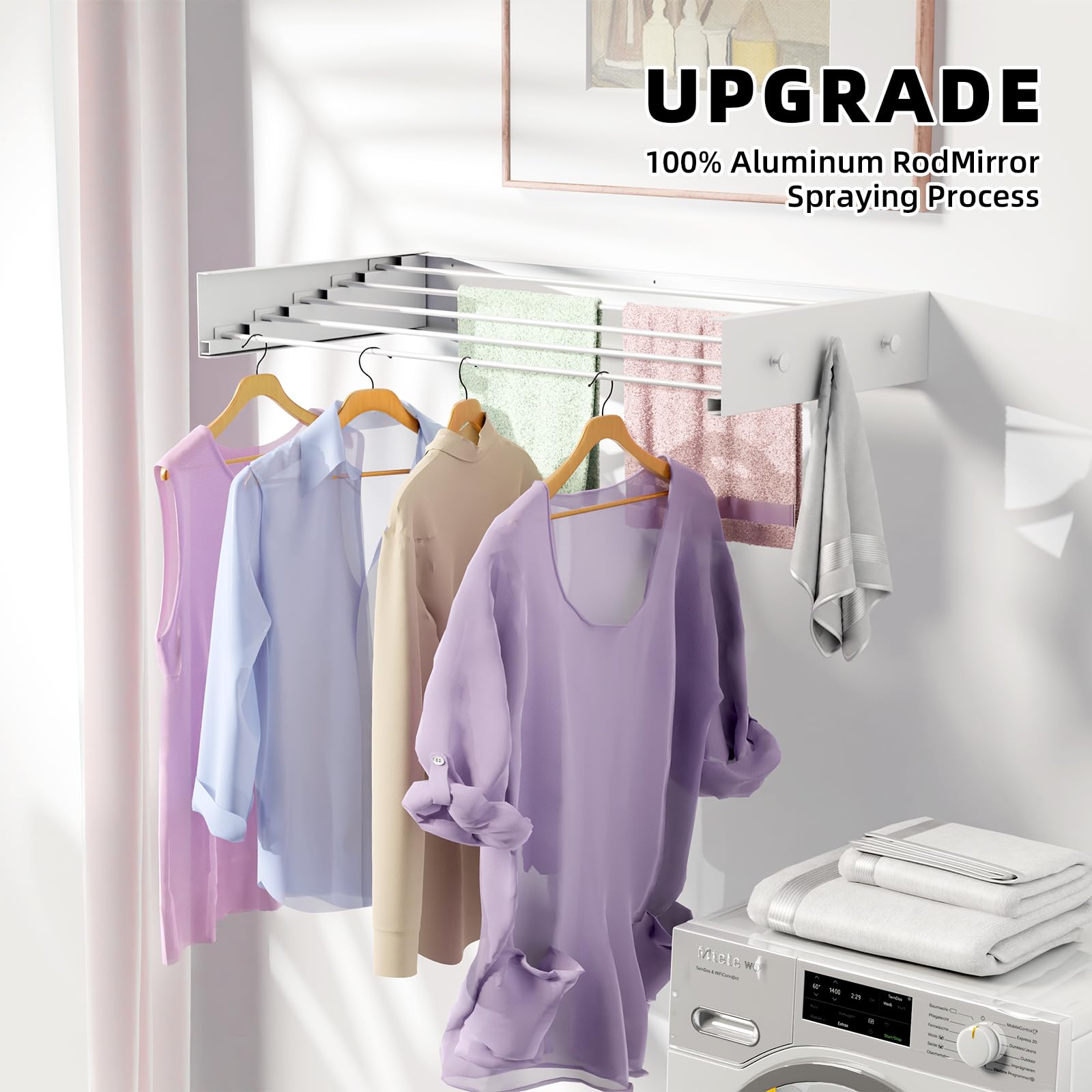 ZMBESUP 【Upgrade】 Laundry Drying Rack, 40" Drying Rack Clothing Wall Mounted,Foldable, 5 Aluminum Rods with 6 Hooks, Space-Saving White Collapsible Drying Racks Hanger for Laundry Bathroom