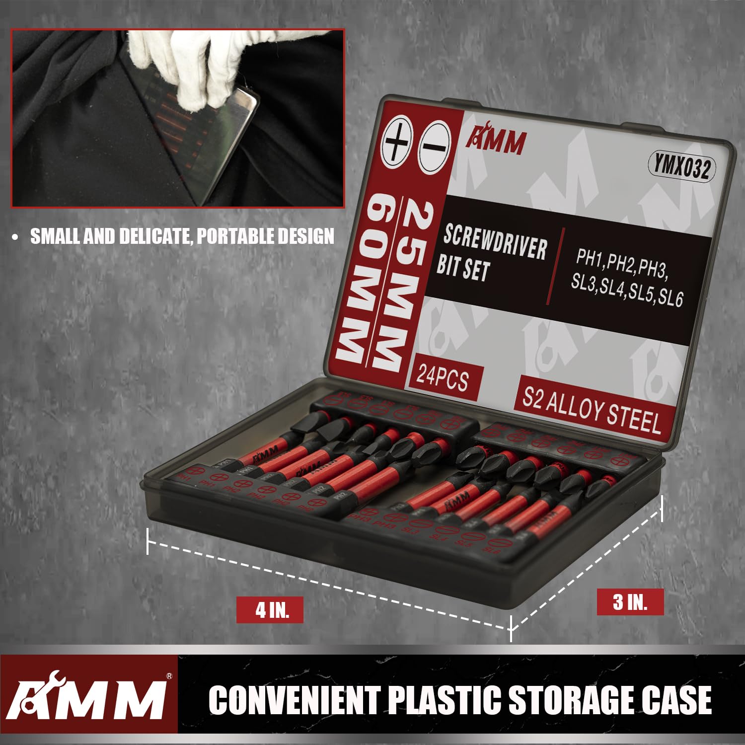 AMM 24-Piece Magnetic Screwdriver Bit Set, Slotted and Phillips Drill Screwdriver Bit Set, S2 Alloy Steel, 1" and 2.3" Long Impact Bits with Storage Box