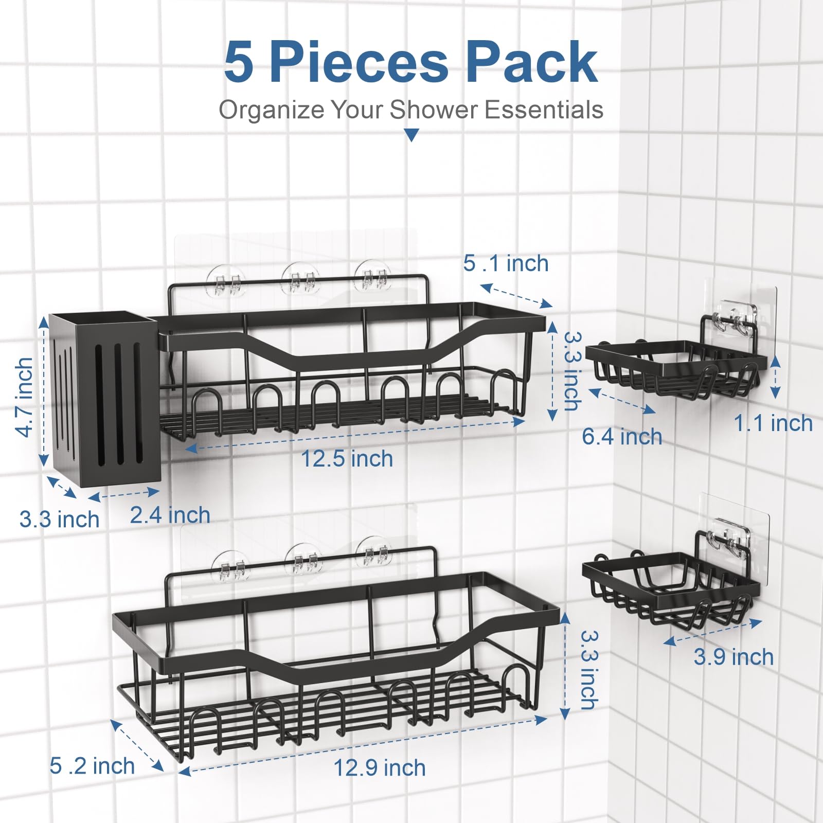 meexzoom Shower Caddy 5 Pack, Rustproof Shower Organizer for Bathroom, Large Capacity No Drilling Adhesive Shower Shelves for Inside Shower Rack, Stainless Steel Black Shower Shelf for Shower Storage