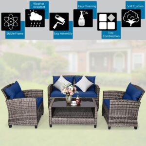 Tangkula 4 PCS Patio Wicker Conversation Furniture Set, Outdoor Rattan Sofa Set with Padded Cushion & Tempered Glass Coffee Table, Wicker Sectional Sofas & Table for Courtyard Balcony Garden (1, Navy)