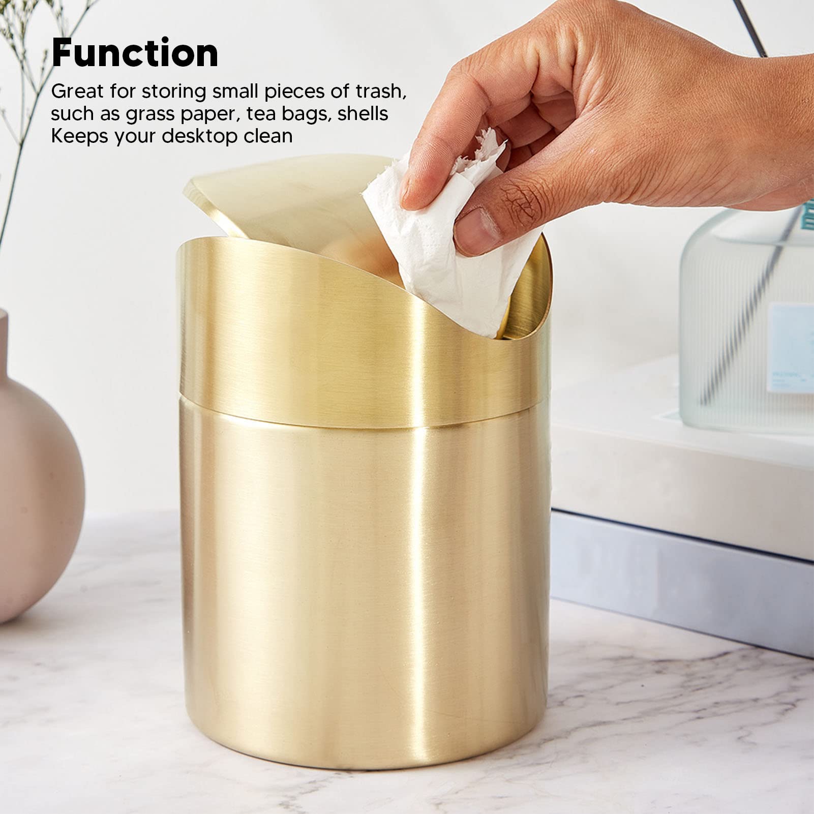 BORDSTRACT Mini Trash Can with Lid, Stainless Steel Swing Lid Trash Can, Fingerprint Proof Compact Can, Small Trash Can, Desk Trash Can, Mini Countertop Trash Can for Office, Gold