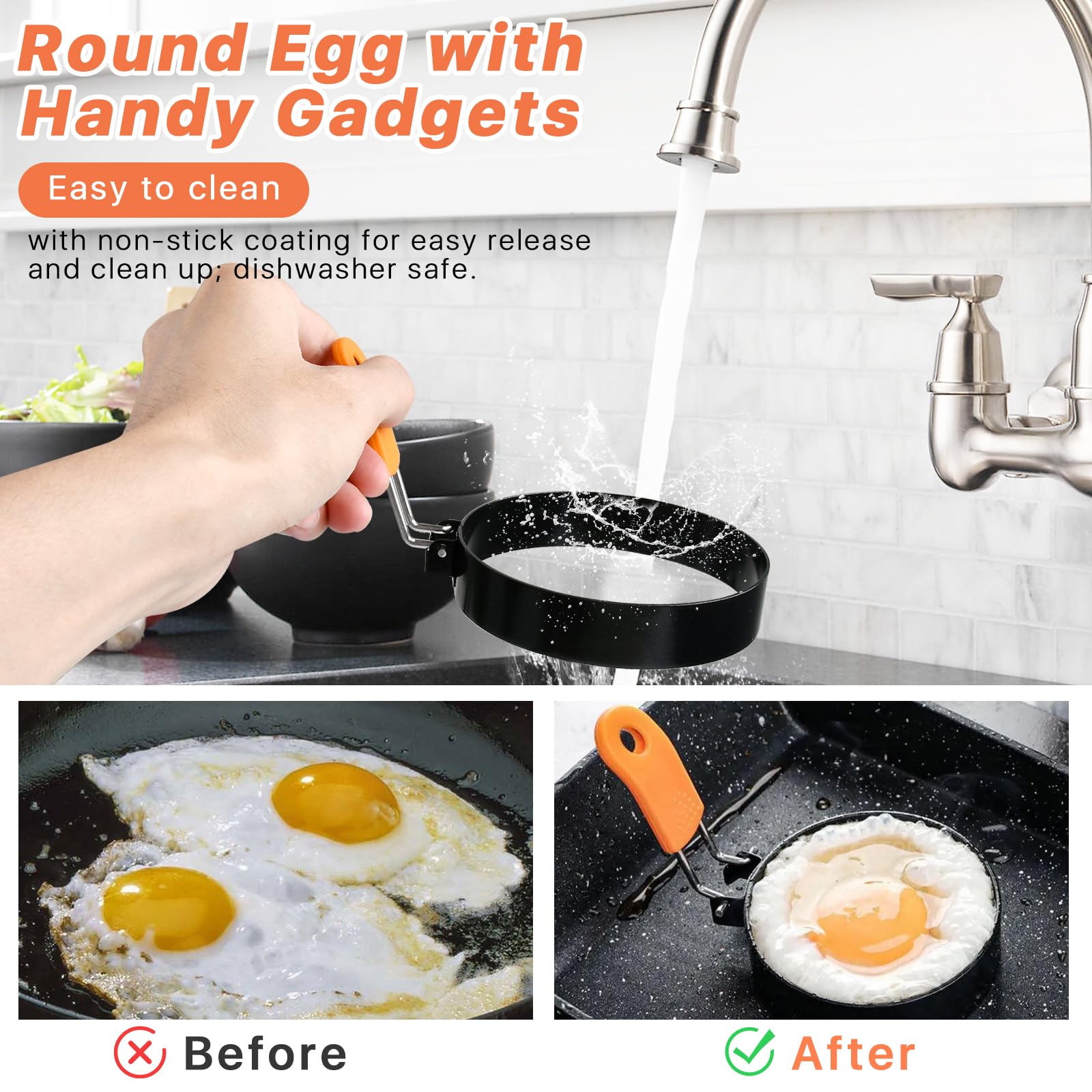 Elesunory 6 Pack Egg Rings for Frying Eggs, Nonstick Pancake Mold, Professional Stainless Steel Egg Mold with Anti-scald Handle, Round Egg Ring for Griddle Muffins Breakfast(8 Inch, 6 Inch, 3.5 Inch)