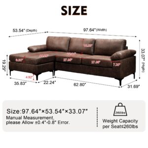 HOOOWOOO 97.6" Sectional Couch Sofa Modern L Shape Modular Sectional Sofa with Reversible Chaise Pillow Arms Solid Wood Frame for Living Room Apartment,Chocolate Brown Faux Leather