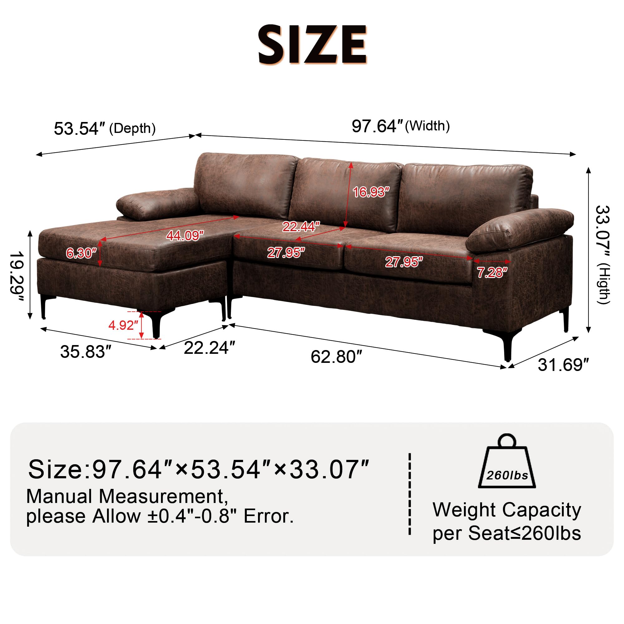 HOOOWOOO 97.6" Sectional Couch Sofa Modern L Shape Modular Sectional Sofa with Reversible Chaise Pillow Arms Solid Wood Frame for Living Room Apartment,Chocolate Brown Faux Leather