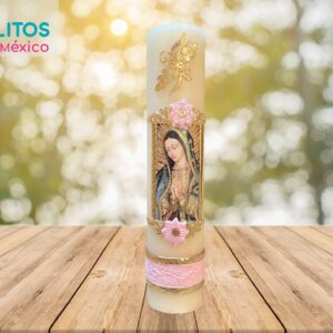 Angelitos de Mexico Guadalupana Virgen de Guadalupe Artisan Pink Candle Cirio Vela de la Guadalupana Fe Catolica