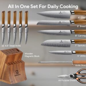 Kitchen Knife Sets With Block, Piklohas 15 Pieces Knife Sets With Magnetic Detachable Knife Holder, High Carbon Steel Damascus Pattern Chef Knife Set With Steak Knives, Ideal For House Warming Gift