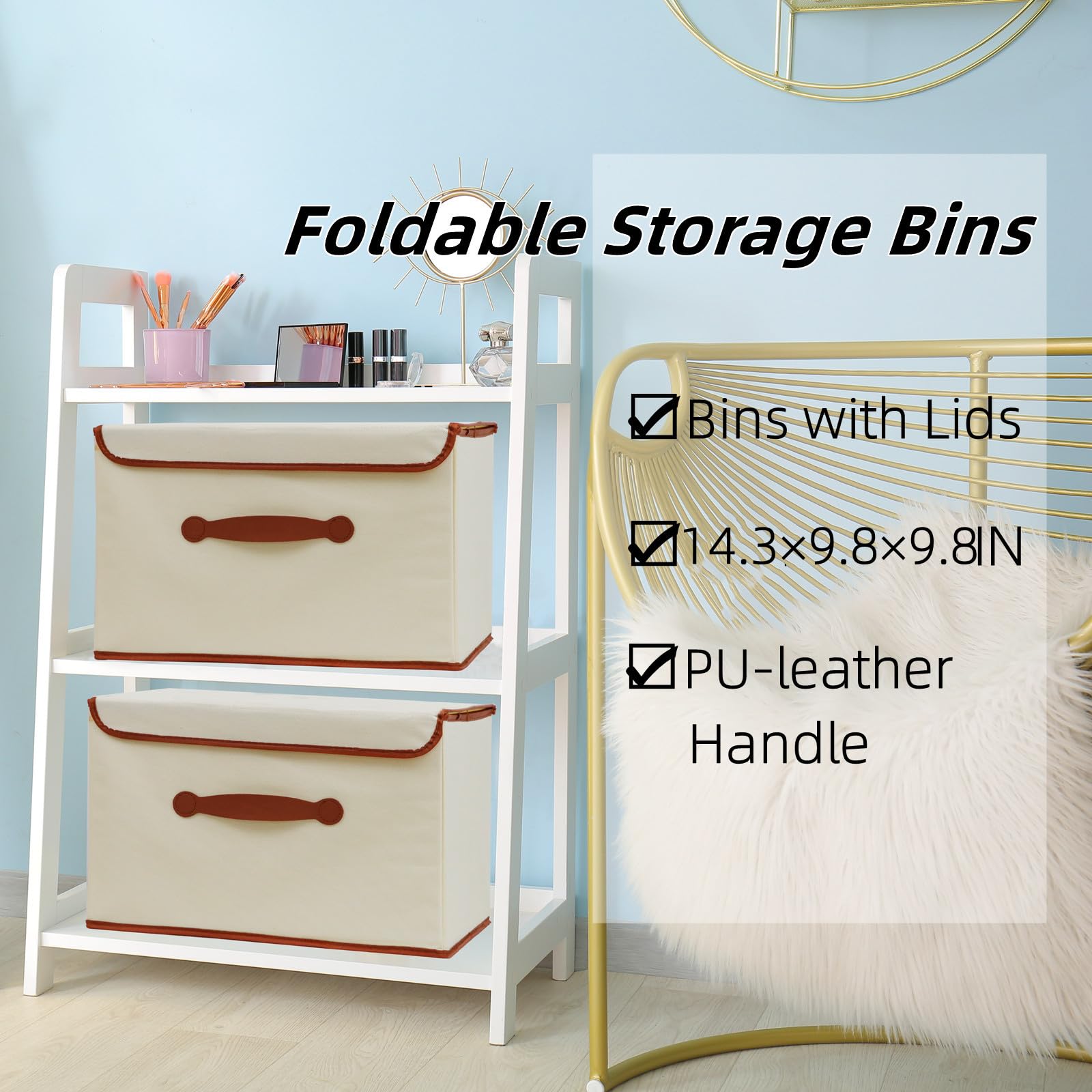 Large 25 Quart Lidded Storage Bins Cubes with Lid & Pu Leather Handle, 3 Pack Fabric Foldable Storage Bin Organizer Basket, Closet Organizer Containers Boxes for Clothes, Wardrobe