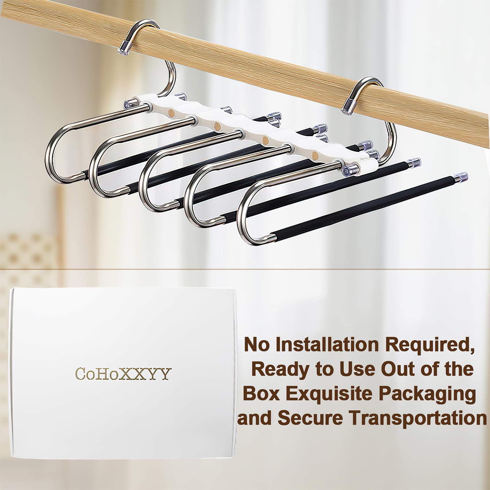 CoHoXXYY Pants Hangers Space-Saving: Non-Slip, Organize Multiple Types of Pants with Ease - Jeans, Trousers, Leggings, Scarves (2 Pack)