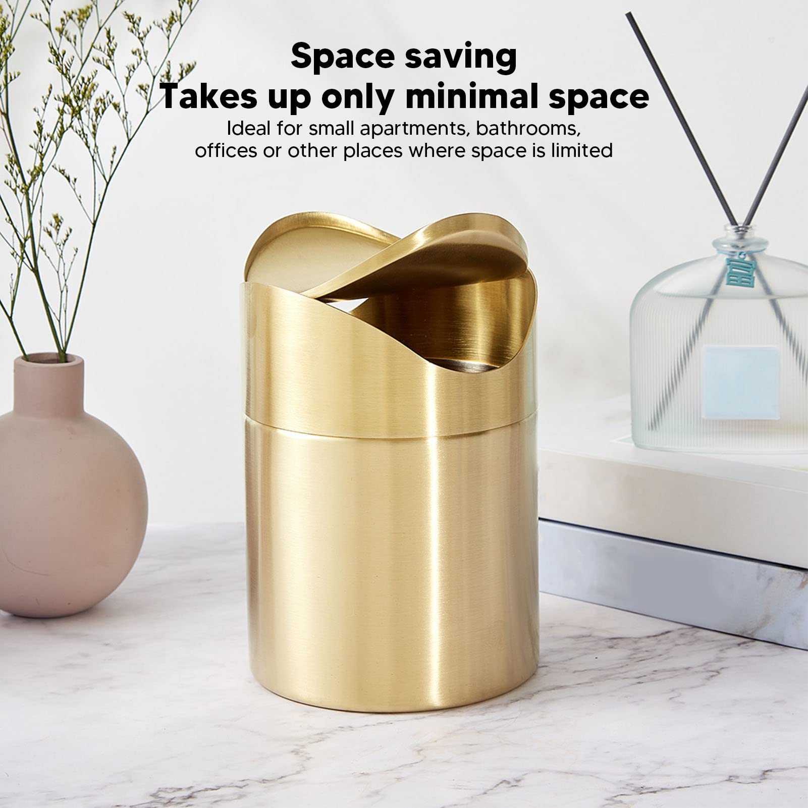 BORDSTRACT Mini Trash Can with Lid, Stainless Steel Swing Lid Trash Can, Fingerprint Proof Compact Can, Small Trash Can, Desk Trash Can, Mini Countertop Trash Can for Office, Gold