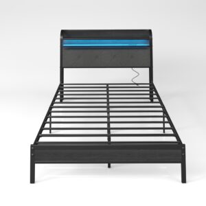 ptsyz bed frame full size with charging station and led lights,upholstered headboard with storage shelves（dark grey），noise free，easy assembly，no box spring needed，sturdy and durable.