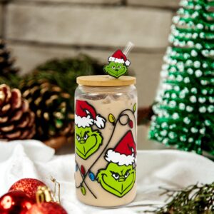 Joyseller Christmas Gifts, Christmas Iced Coffee Can Glass, 18oz Christmas Glass Cup with Lid and Straw, Xmas Tumbler Beer Can Glass, Christmas Decorations