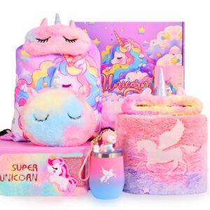 healemo unicorns birthday gift for girl - birthday gift box for 4-6 5 6-8 year old toddler girl, unicorns gift toys age 6-8 basket, unique ideas gift for daughter, unicorns blanket (pink)