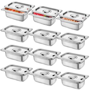 maxcheck 12 pcs stainless steel food containers with lids 1/9 size steam hotel table pans metal food pan containers for restaurant kitchen freezer(2.5'' deep)