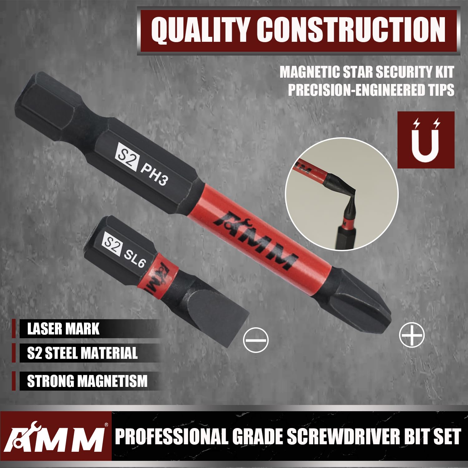 AMM 24-Piece Magnetic Screwdriver Bit Set, Slotted and Phillips Drill Screwdriver Bit Set, S2 Alloy Steel, 1" and 2.3" Long Impact Bits with Storage Box