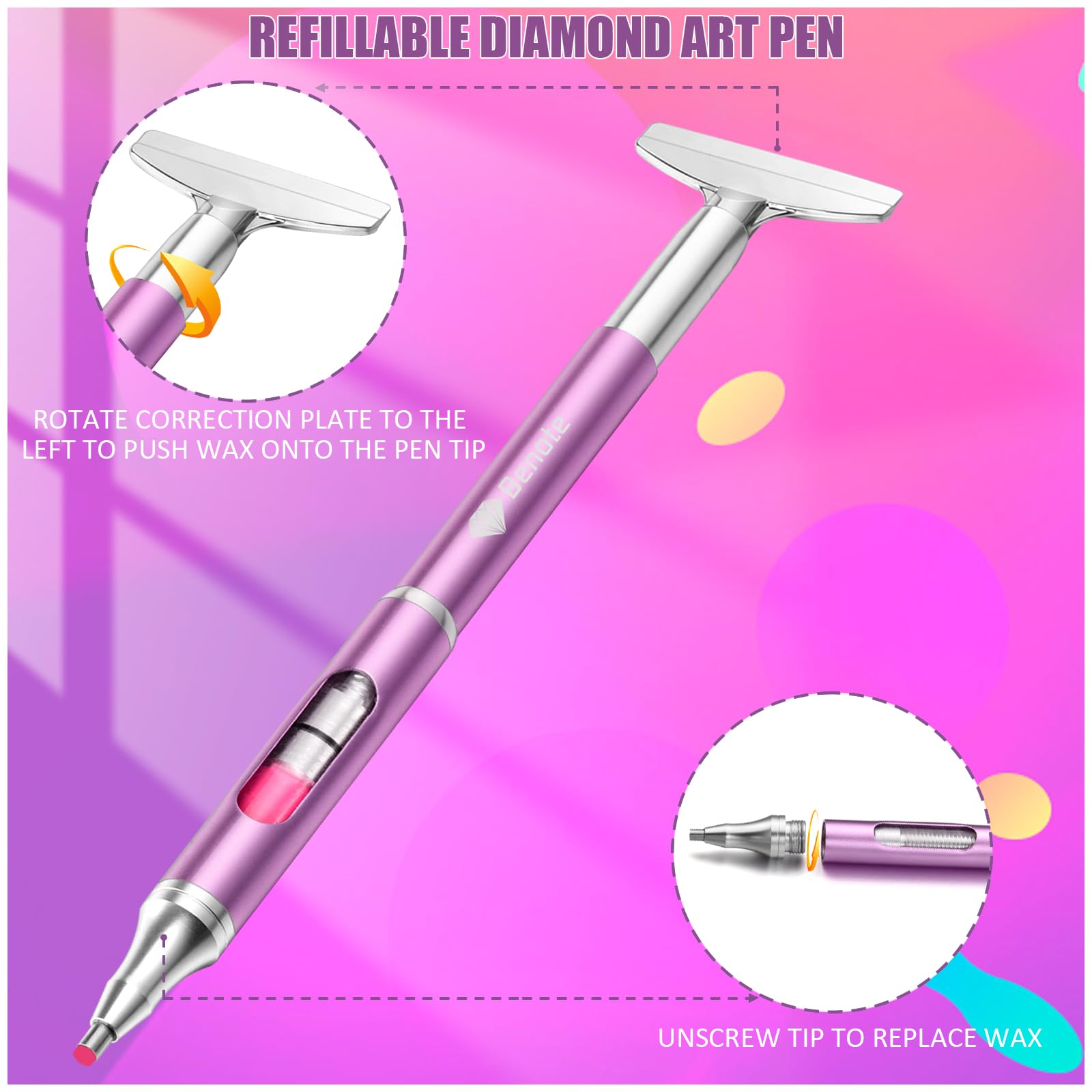 Benote Diamond Art Painting Pen Refillable Wax, Diamond Paint Accessories Refillable Wax Pen Self-Stick Drill Pens with Metal Correction Plate for Art DIY Craft - B18