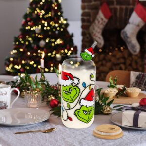 Joyseller Christmas Gifts, Christmas Iced Coffee Can Glass, 18oz Christmas Glass Cup with Lid and Straw, Xmas Tumbler Beer Can Glass, Christmas Decorations