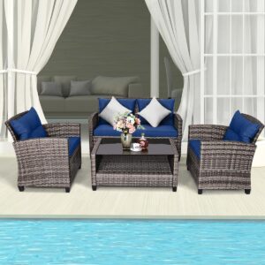 Tangkula 4 PCS Patio Wicker Conversation Furniture Set, Outdoor Rattan Sofa Set with Padded Cushion & Tempered Glass Coffee Table, Wicker Sectional Sofas & Table for Courtyard Balcony Garden (1, Navy)