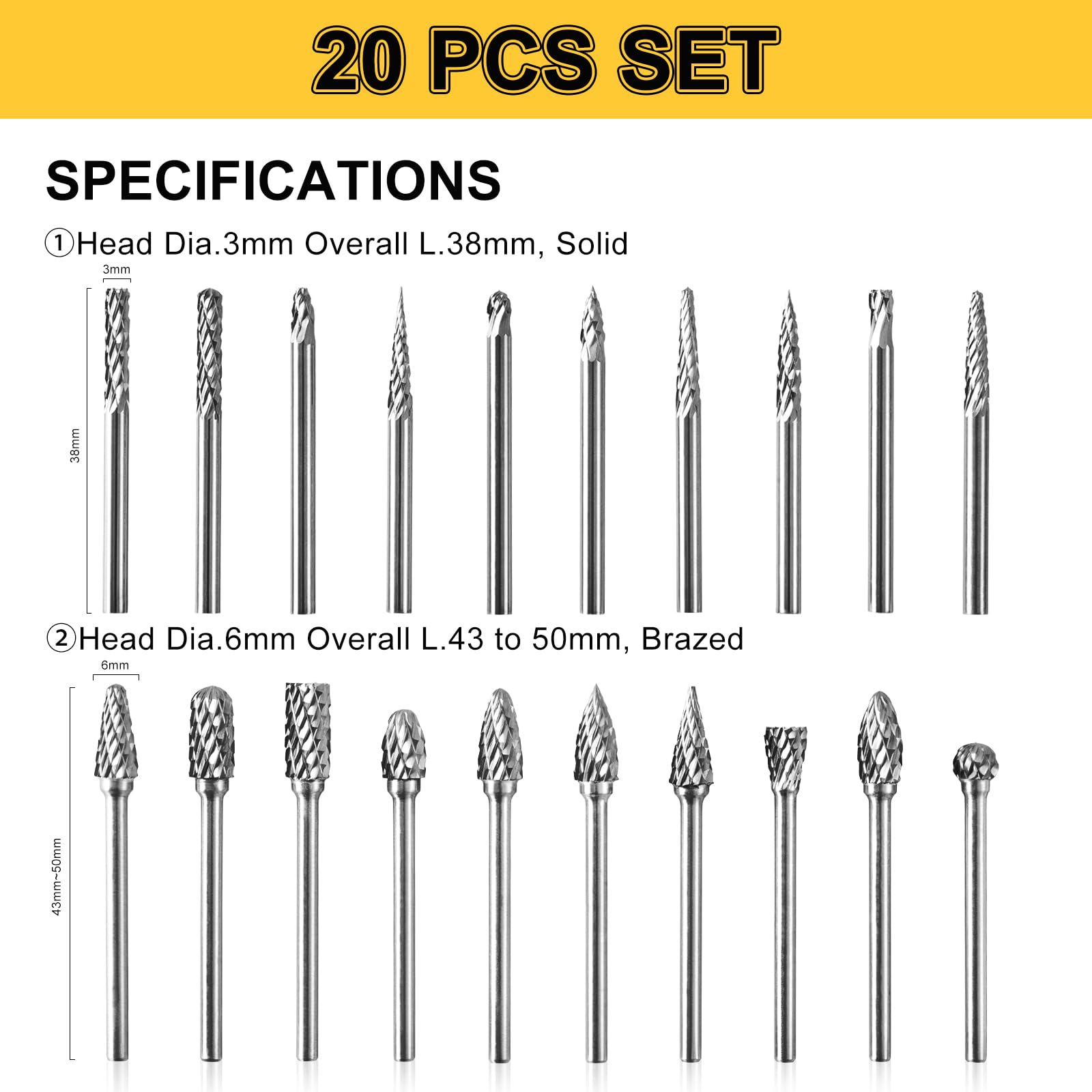 CaRoller Tungsten Carbide Burr Set, 1/8" Shank 20PC Double Cut Die Grinder Rotary Tool Cutting Burrs Set for Metal and Wood Working Carving, Engraving, Polishing, Grinding with Clear Storage Case