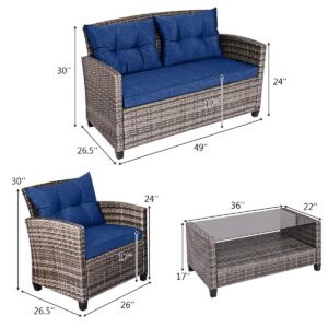 Tangkula 4 PCS Patio Wicker Conversation Furniture Set, Outdoor Rattan Sofa Set with Padded Cushion & Tempered Glass Coffee Table, Wicker Sectional Sofas & Table for Courtyard Balcony Garden (1, Navy)