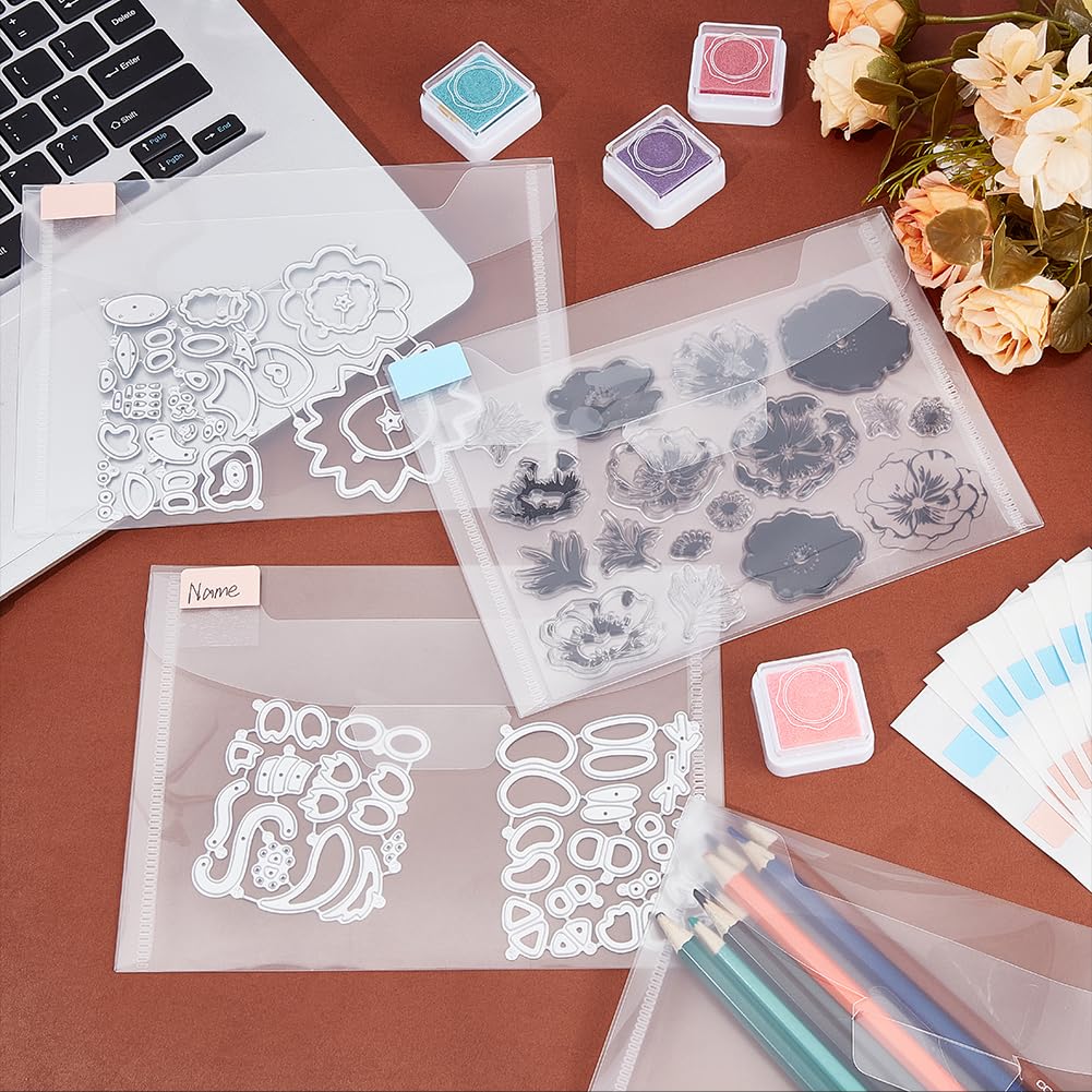 INFUNLY 30PCS Clear Stamp and Die Storage Pockets Plastic Envelopes 5x7inch Dies Storage Bag with 60 Label Sticker Resealable Plastic Storage Pocket Dies and Stamps Stencil Organizer for Card Making