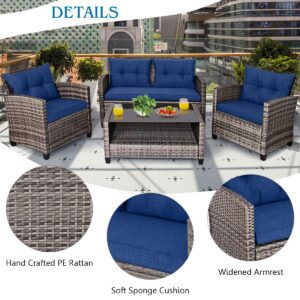 Tangkula 4 PCS Patio Wicker Conversation Furniture Set, Outdoor Rattan Sofa Set with Padded Cushion & Tempered Glass Coffee Table, Wicker Sectional Sofas & Table for Courtyard Balcony Garden (1, Navy)