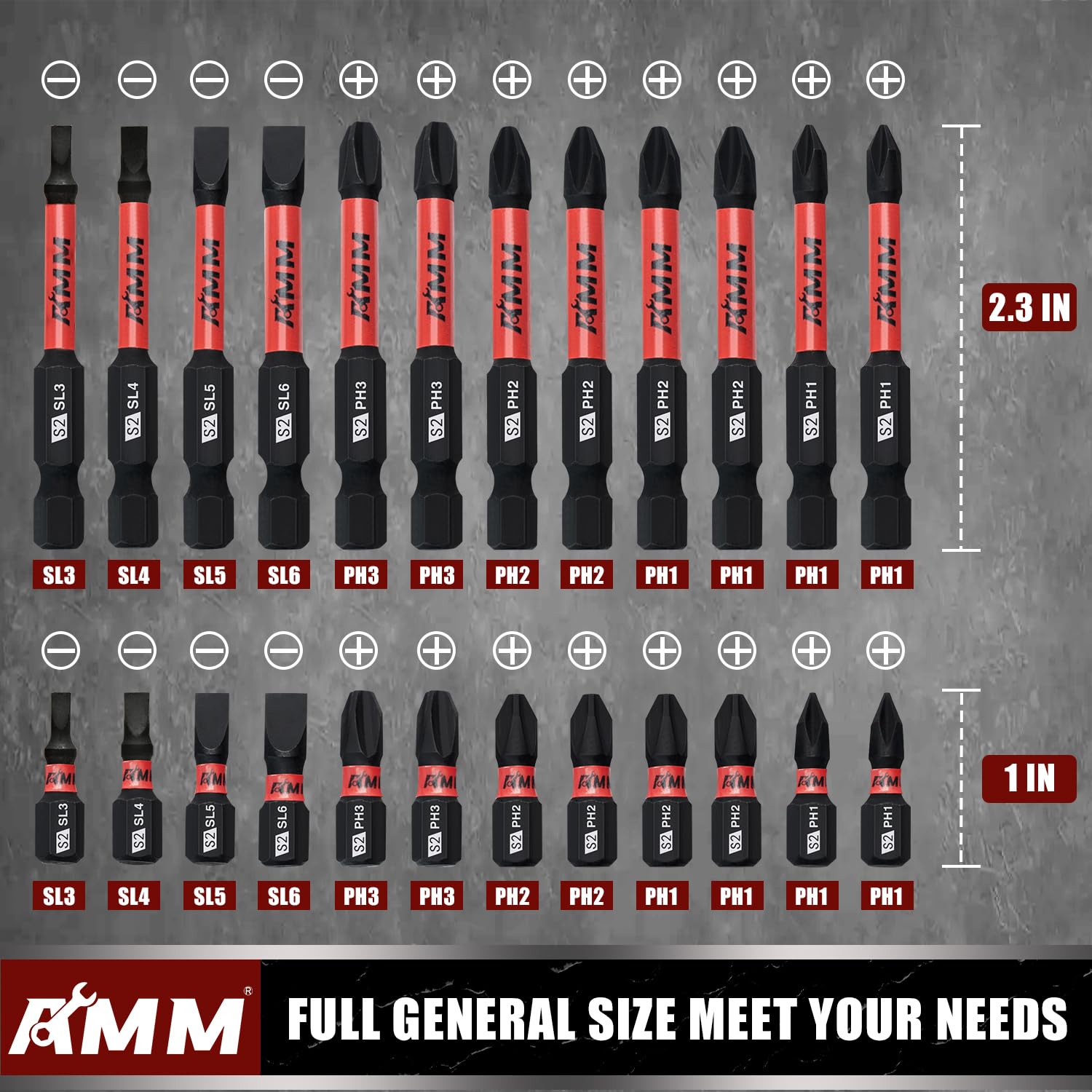 AMM 24-Piece Magnetic Screwdriver Bit Set, Slotted and Phillips Drill Screwdriver Bit Set, S2 Alloy Steel, 1" and 2.3" Long Impact Bits with Storage Box