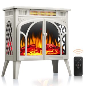 electric fireplace heater with remote, 24” portable infrared fireplace stove with multiple 3d flame, adjustable brightness,timer 5100btu freestanding electric fireplace heaters for indoor use beige