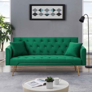 stelsipliy 72" velvet futon sofa bed with metal legs&2 pillows, modern sleeper sofa couch, upholstered convertible loveseat with adjustable backrest, living seat for home office apartment,green