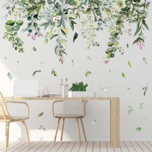 amimagen green hanging vine wall stickers - nature plants flower leaves wall decals - bedroom living room sofa tv background home wall decor