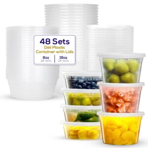 supreme deli plastic storage containers with lids 8 oz & 16 oz [24 sets of each - 48 combo pack] reusable food containers -microwavable & freezer friendly - dishwasher safe - secure & tight covers