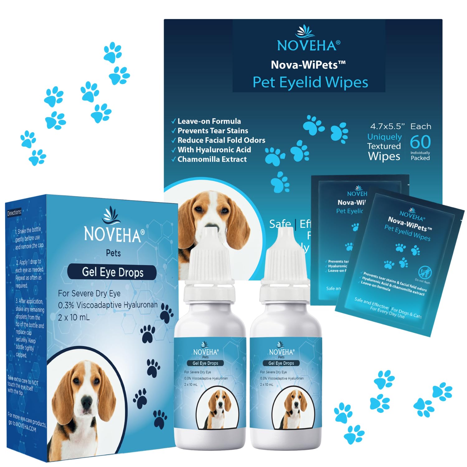 NOVEHA Gel Eye Drops with 2x10ml for Dogs & Cats - 0.3% Viscoadaptive Hyaluronan Eye Solution for Severe Dry Eyes with Nove-WiPets Ocular Hygiene Wipes for Pets (Pack of 60) Cleanse Facial Folds