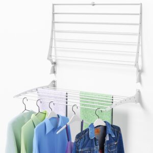 zmbesup wall mounted clothes drying rack, 40" wide with 7 stainless steel rods drying rack for hanging clothes space saving design, 60 lb capacity foldable laundry clothes drying rack white