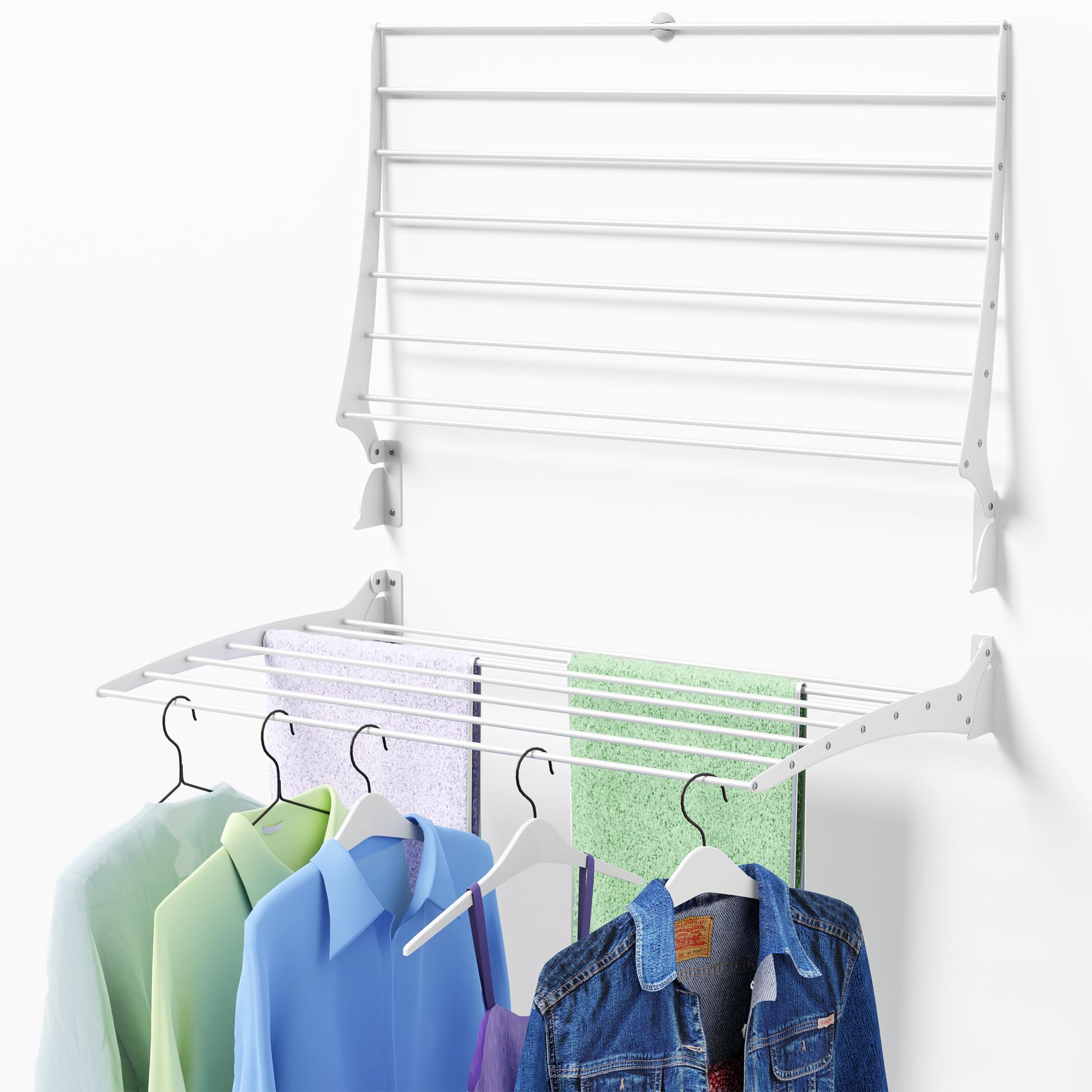 ZMBESUP Wall Mounted Clothes Drying Rack, 40" Wide with 7 Stainless Steel Rods Drying Rack for Hanging Clothes Space Saving Design, 60 lb Capacity Foldable Laundry Clothes Drying Rack White