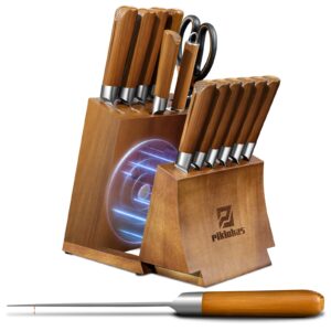 kitchen knife sets with block, piklohas 15 pieces knife sets with magnetic detachable knife holder, high carbon steel damascus pattern chef knife set with steak knives, ideal for house warming gift