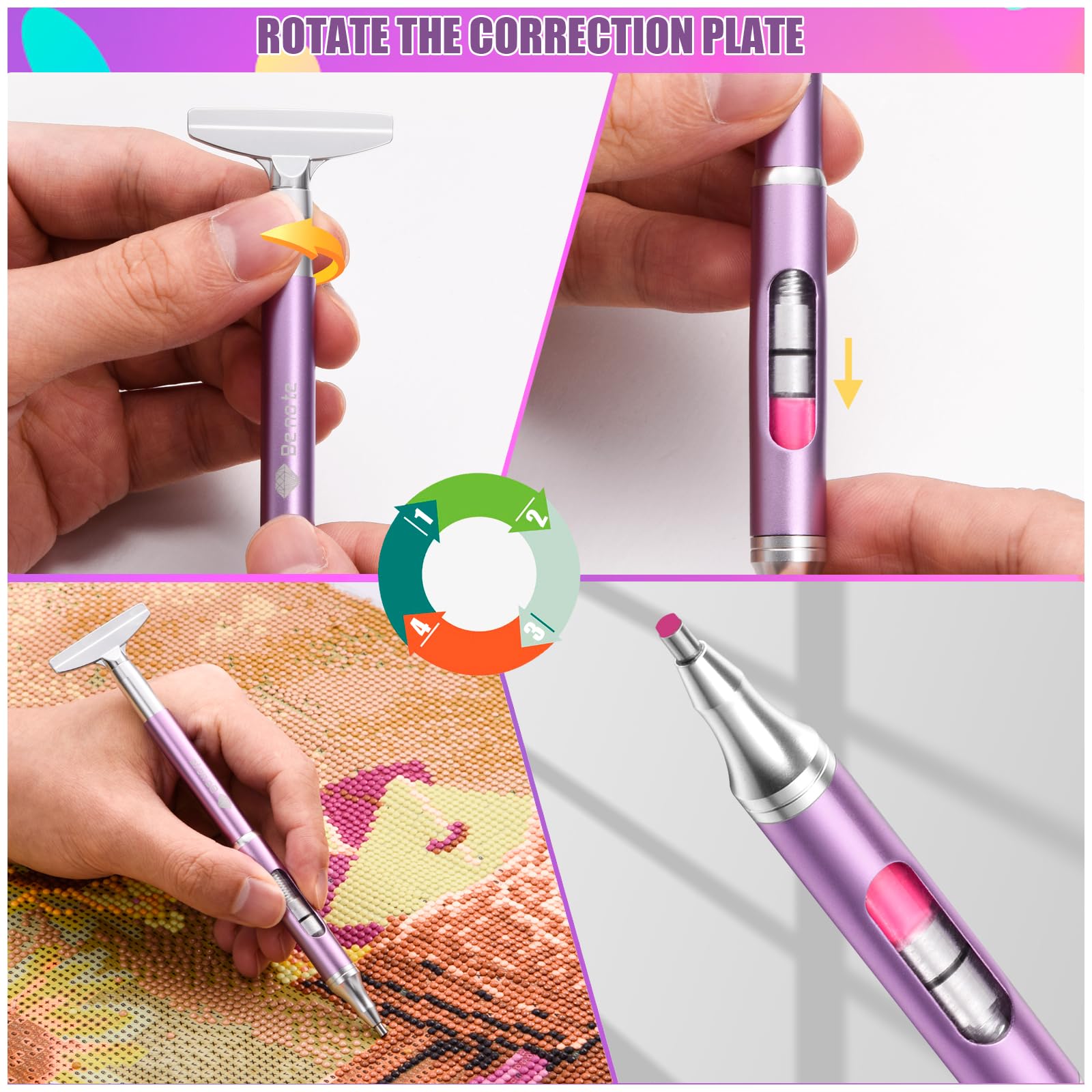 Benote Diamond Art Painting Pen Refillable Wax, Diamond Paint Accessories Refillable Wax Pen Self-Stick Drill Pens with Metal Correction Plate for Art DIY Craft - B18